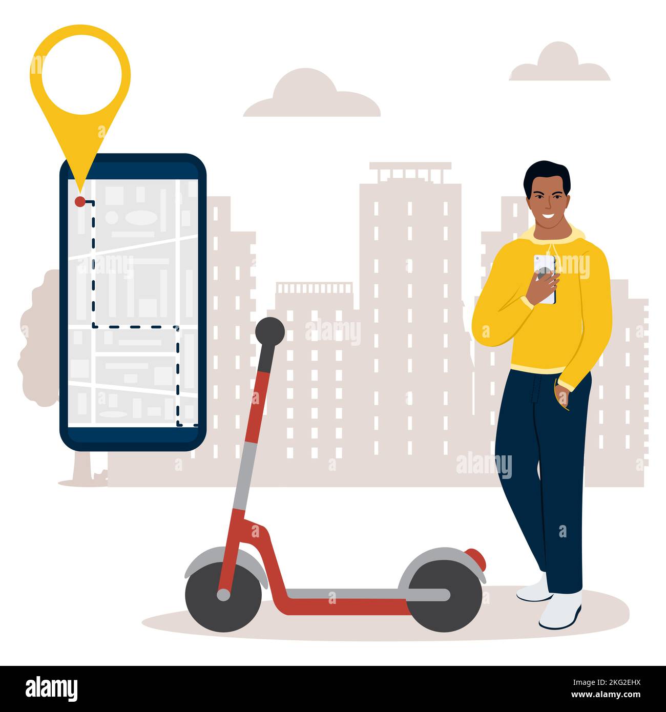 Vector Illustration Man Uses Application On Cell Phone For Search The