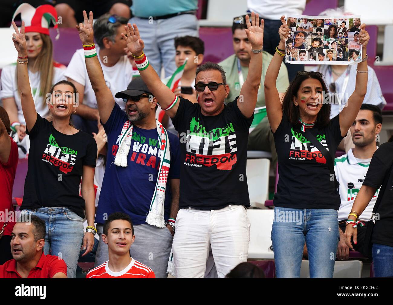 Iran fans in the stands wearing "Women Life Freedom" t-shirts ahead of ...