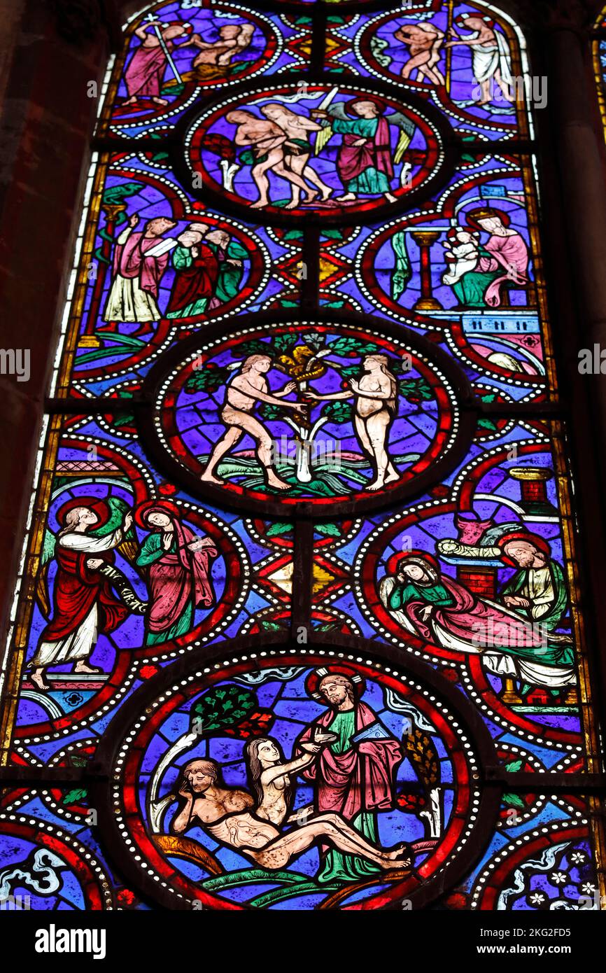 Saint Julien cathedral, Le Mans, France. Stained glass depicting scenes ...