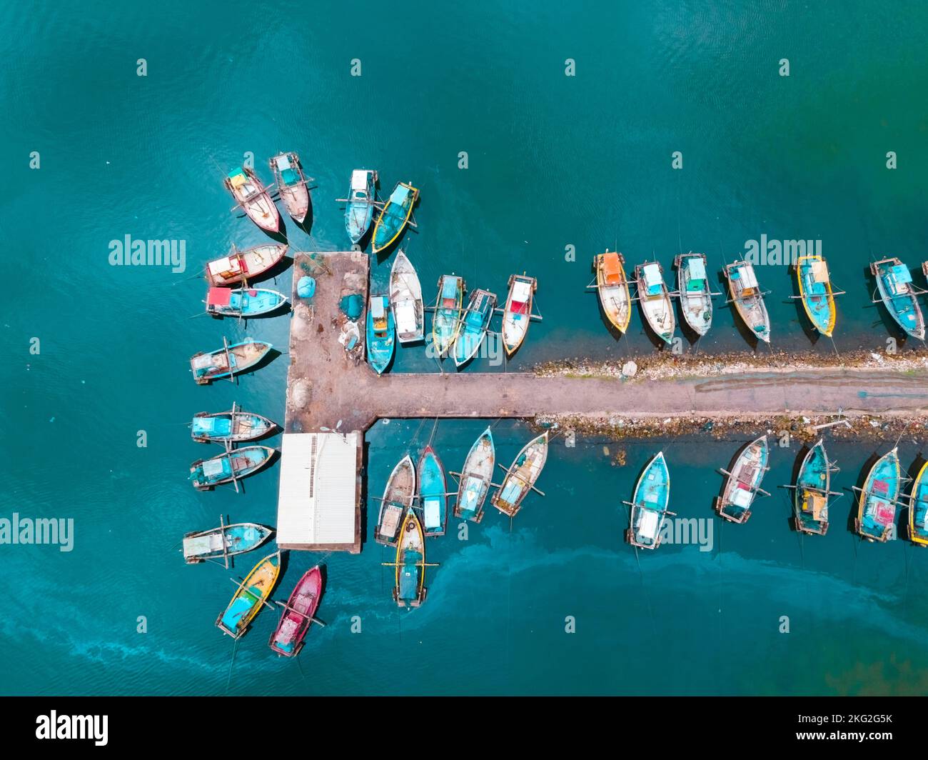 Aerial View Top down Multi colour Fishing boats parking Stock Photo - Alamy