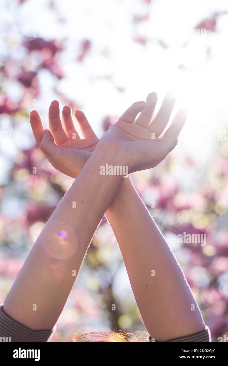 Close up hands up concept photo Stock Photo - Alamy