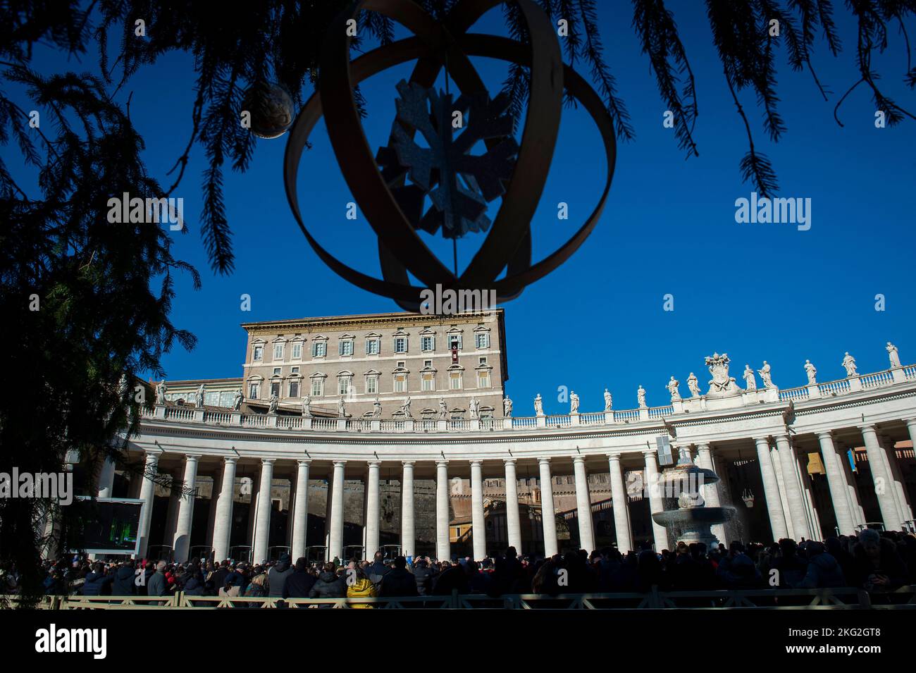 Pope Francis addresses worshippers as he holds an Angelus prayer from ...