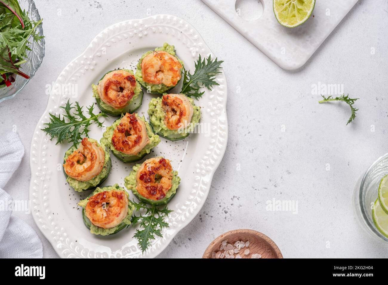 Cucumber Avocado Shrimp Appetizer. Canape with prawn, cucumber and ...