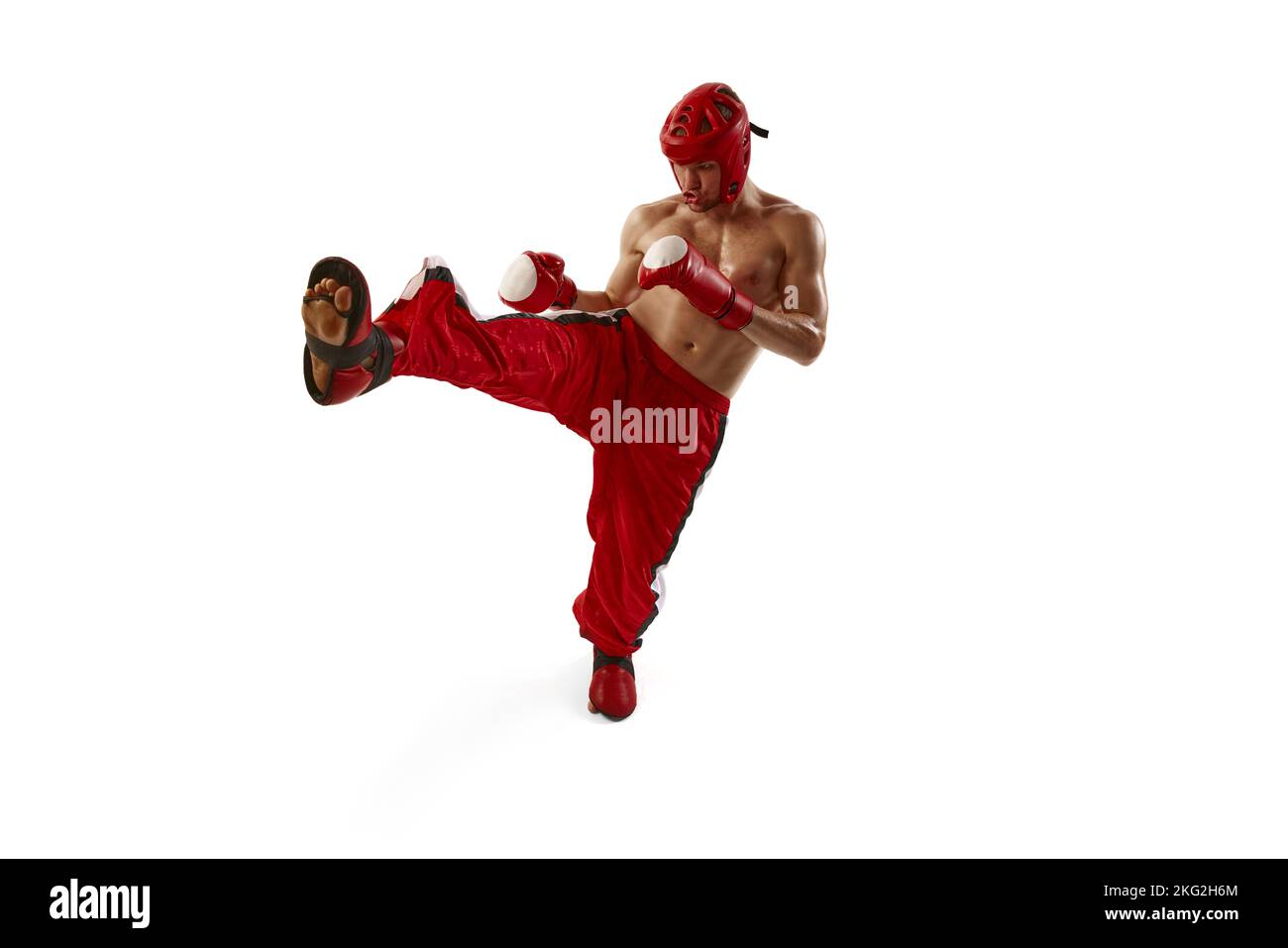 Top view. Young muscled athlete, professional kickboxer in protective ...