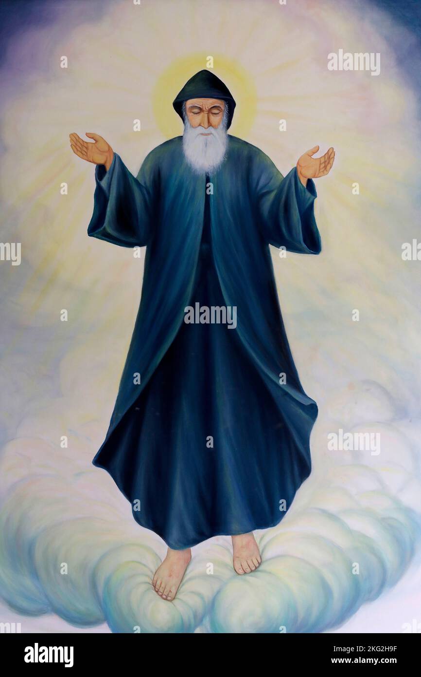 Saint Charbel painting in Saint Charbel's monastery in Bekaa Kafra, his ...