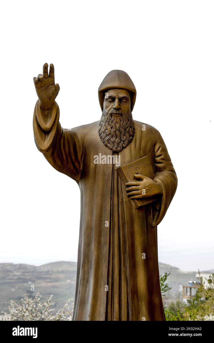 St Charbel statue in Bekaa Kafra, his native village in Lebanon Stock ...