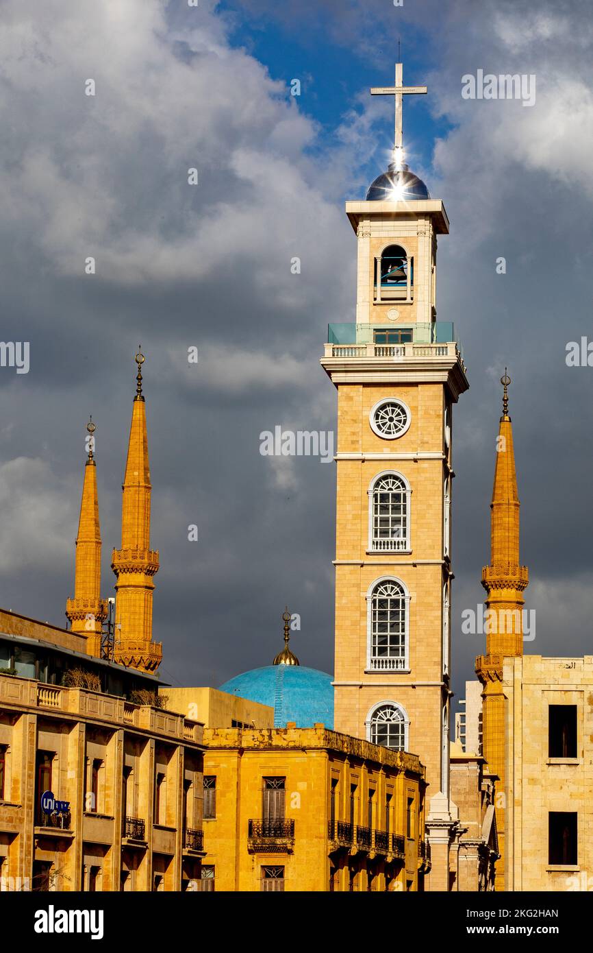 Saint George maronite cathedral spire and neighboring buildings, Beirut ...