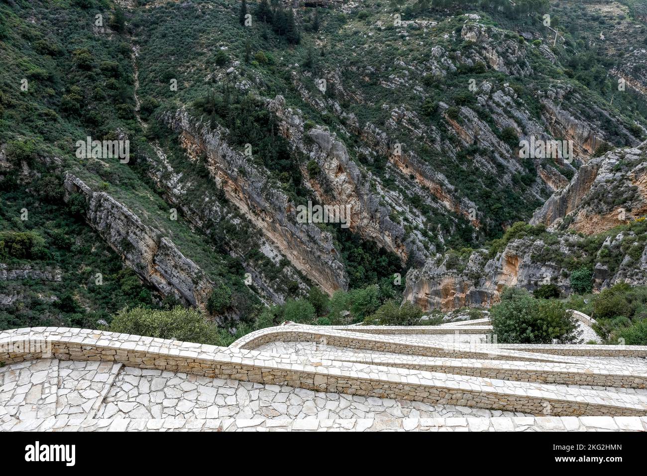 View of Kannoubine valley and stairway to Our Lady of Hamatoura ...