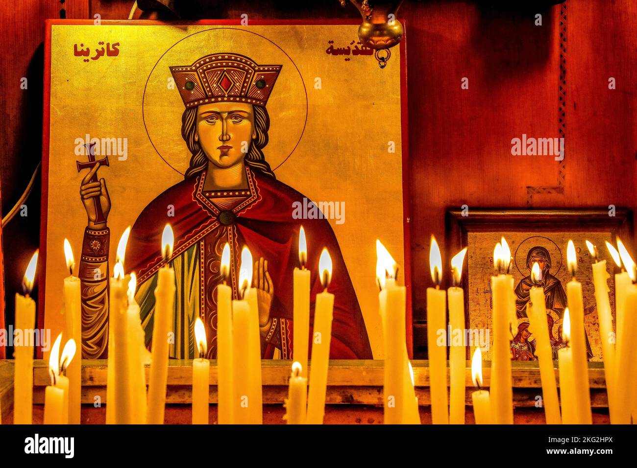 Candles and icon in Wadi El Chahrour El Suflah orthodox church, Lebanon ...