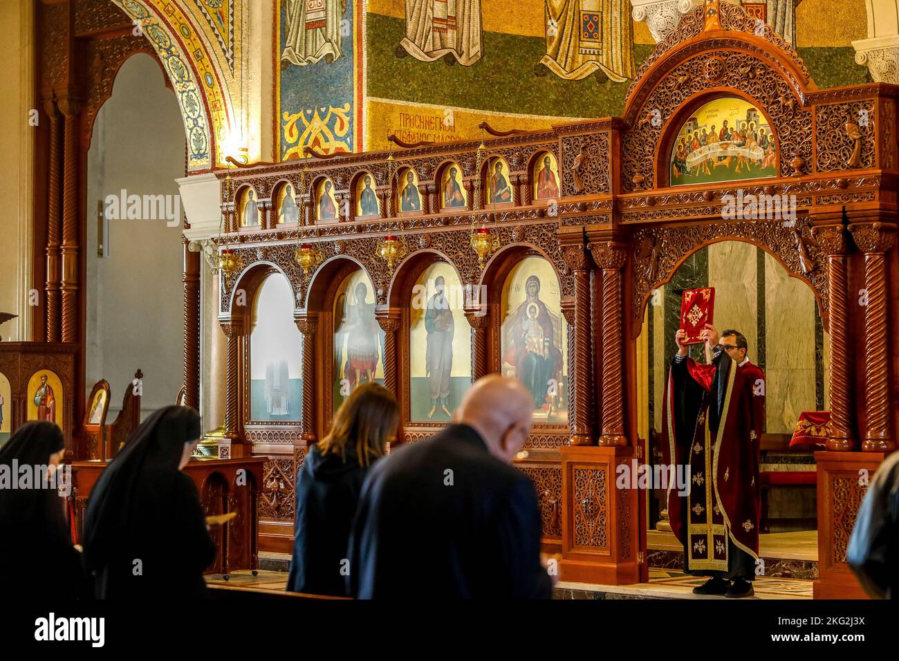 Saint Paul melkite (Greek catholic) cathedral, Harissa, Lebanon. Priest ...