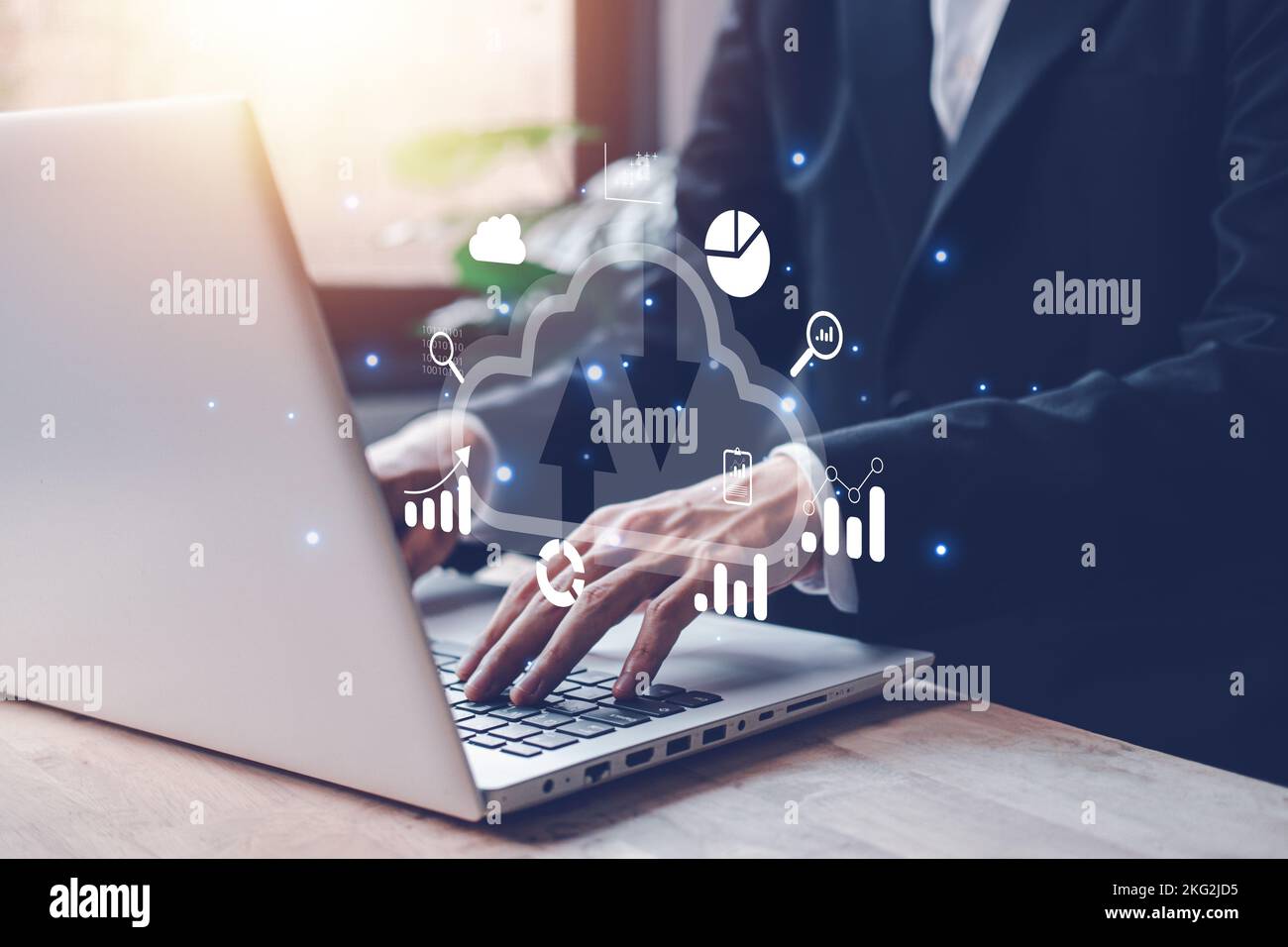 Cloud computing technology. Businessman hands typing notebook (Laptop ...