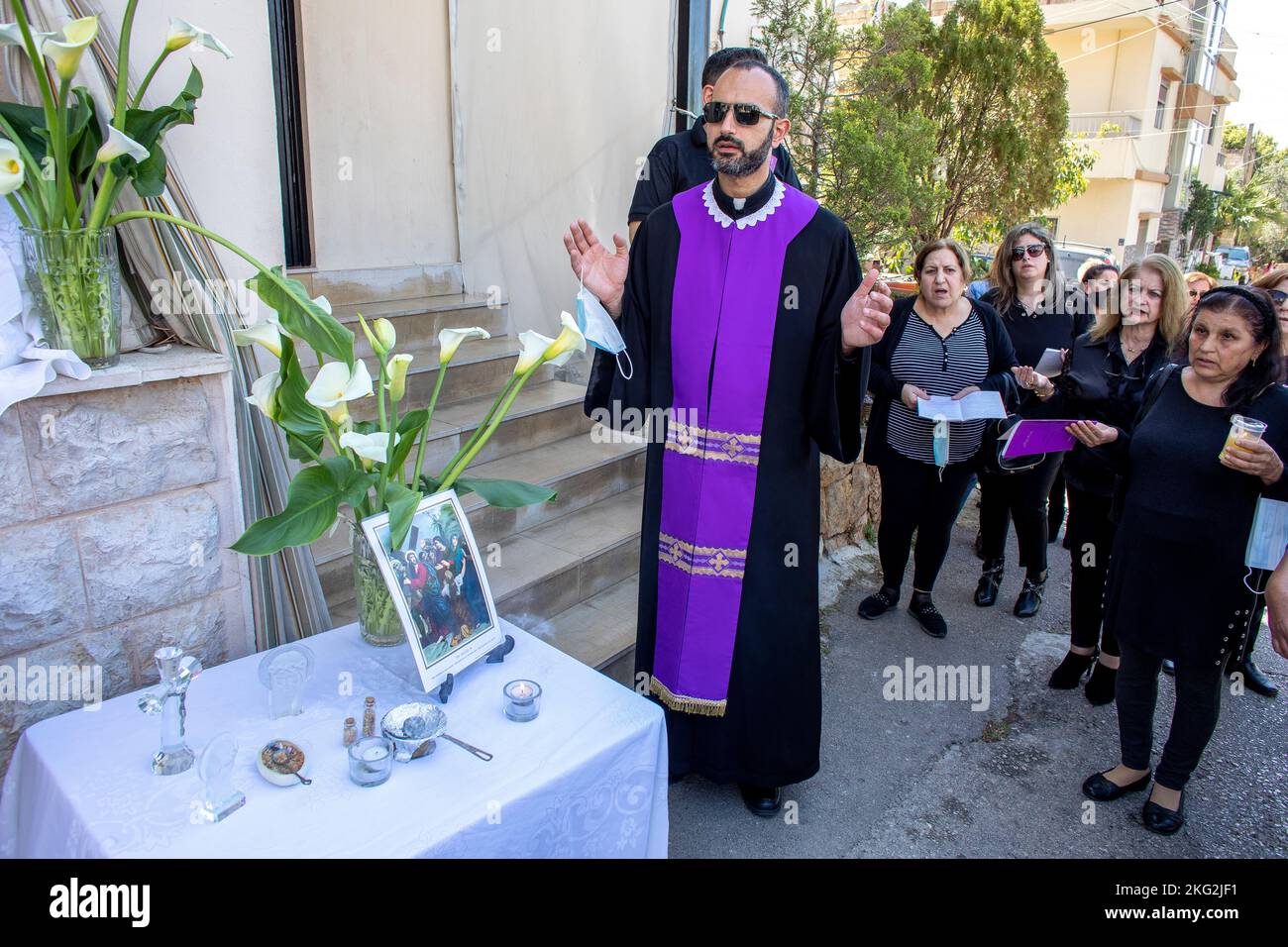 Good Friday celebration in Houmal maronite village, Lebanon. Station of ...