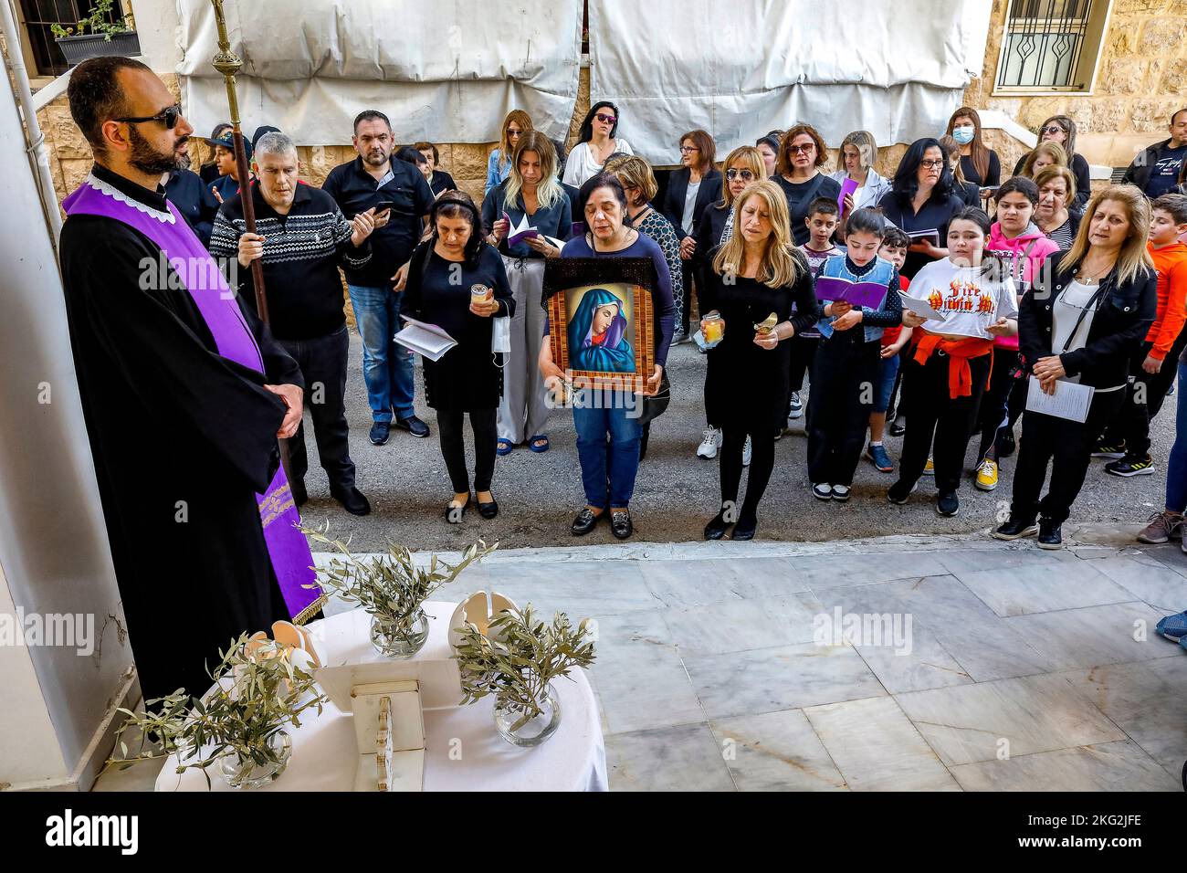 Good Friday celebration in Houmal maronite village, Lebanon. Station of ...