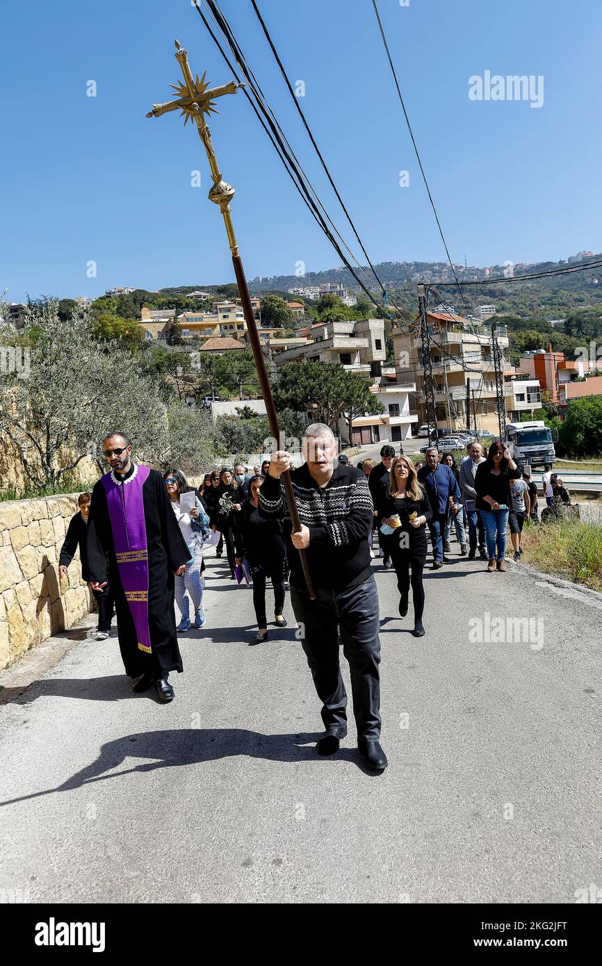 Good Friday celebration in Houmal maronite village, Lebanon. Station of ...