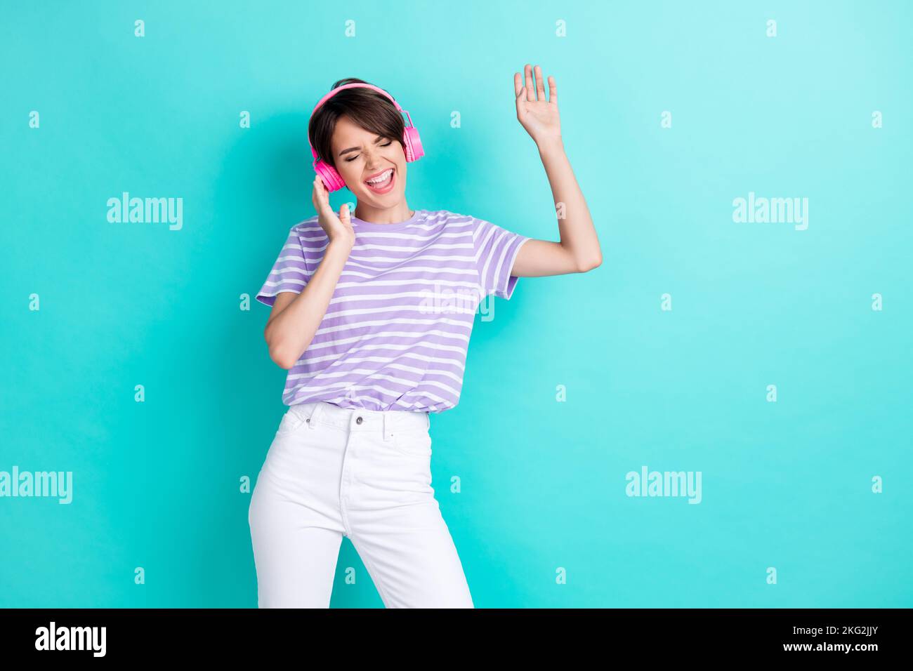 Portrait of funky positive good mood woman with bob hairdo dressed ...