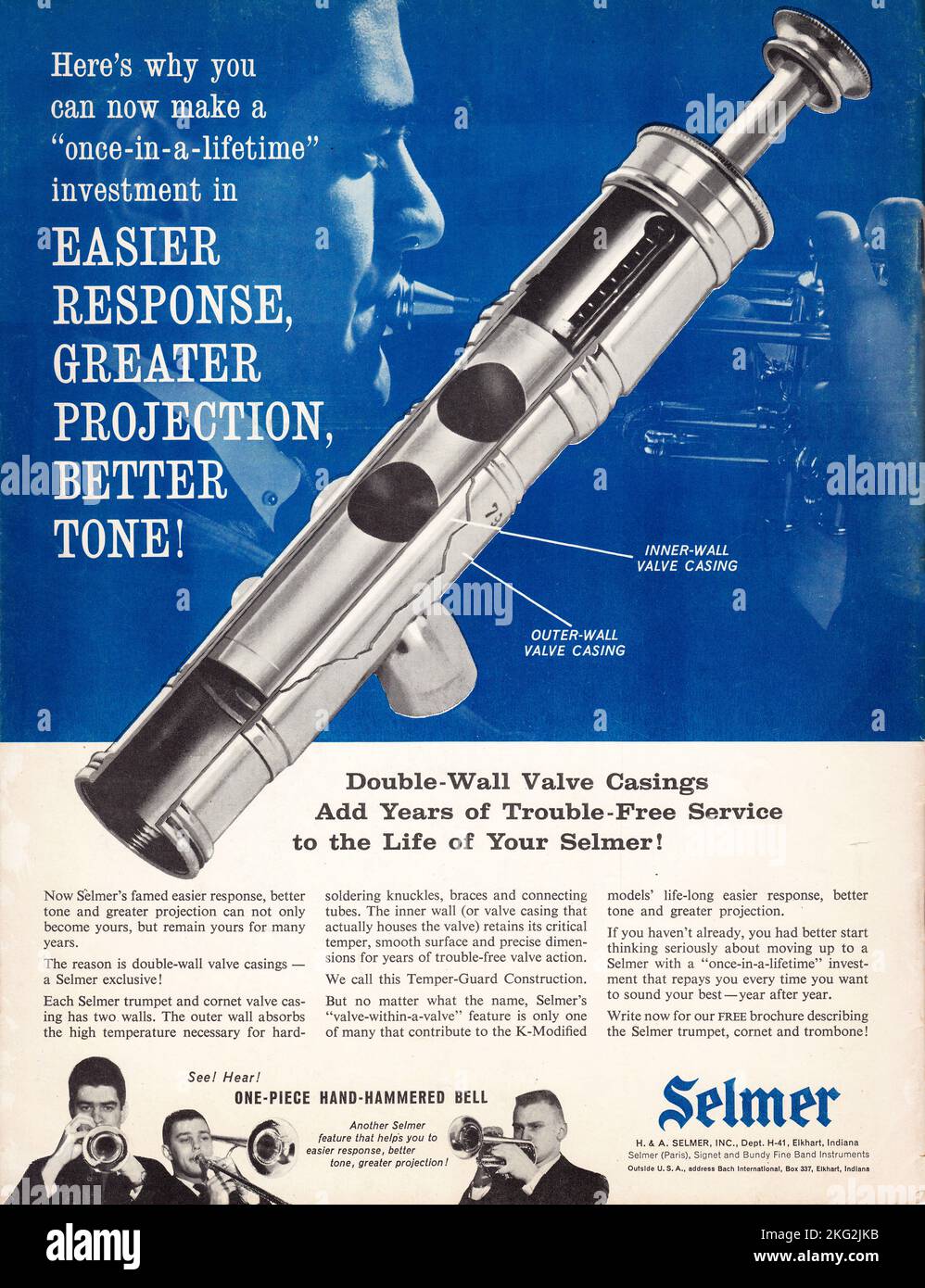 An ad from a vintage music magazine for Selmer brass instruments ...