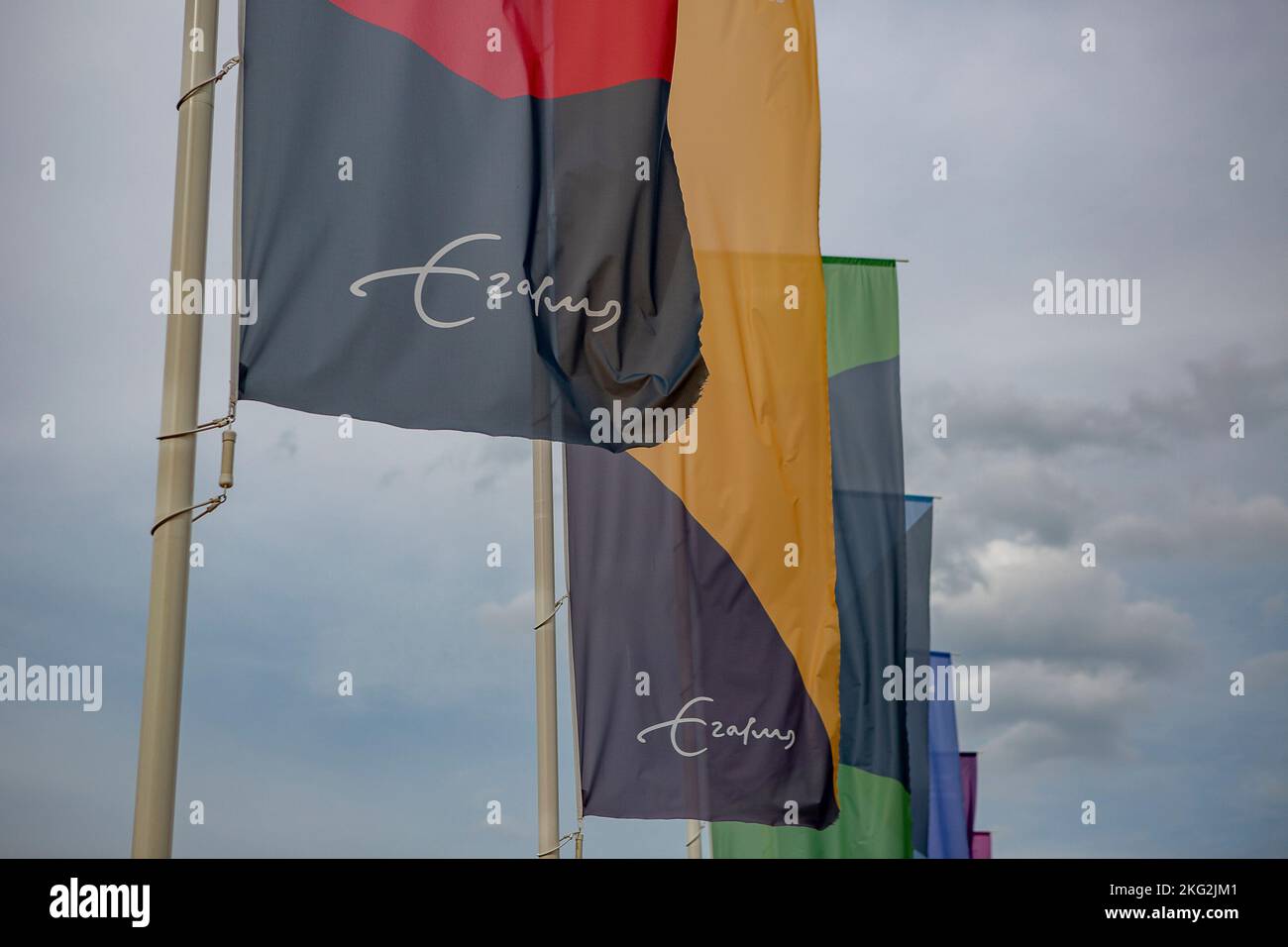 Row of flags waving in the wind with name logo of Erasmus University ...