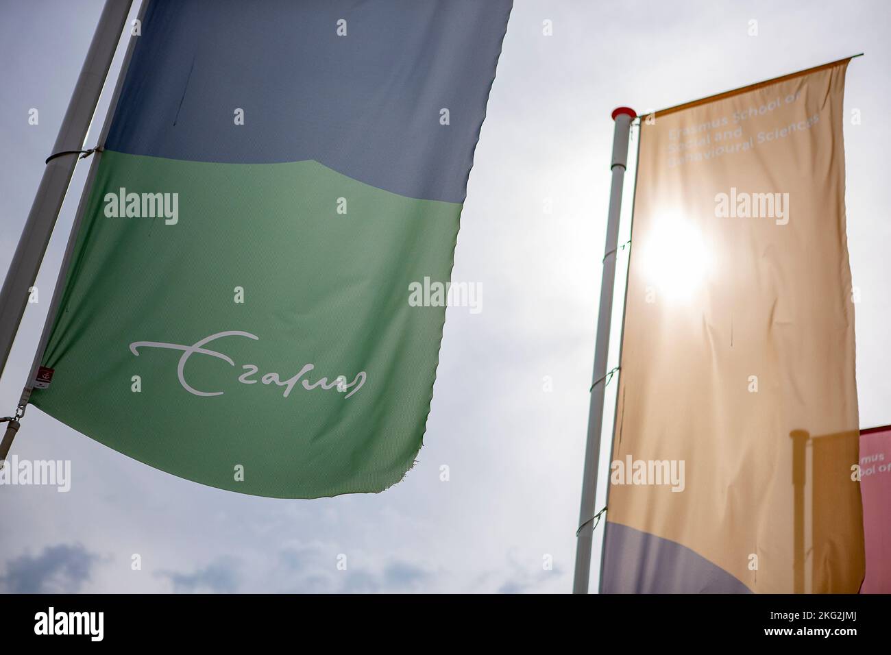 Green flag waving in the wind with name logo of Erasmus University and ...