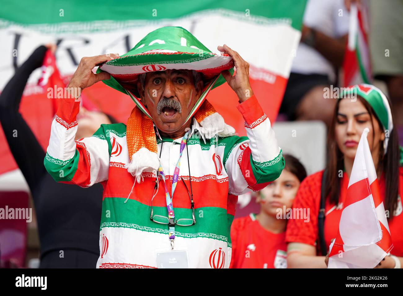 An Iran fan in the stands ahead of the FIFA World Cup Group B match at ...