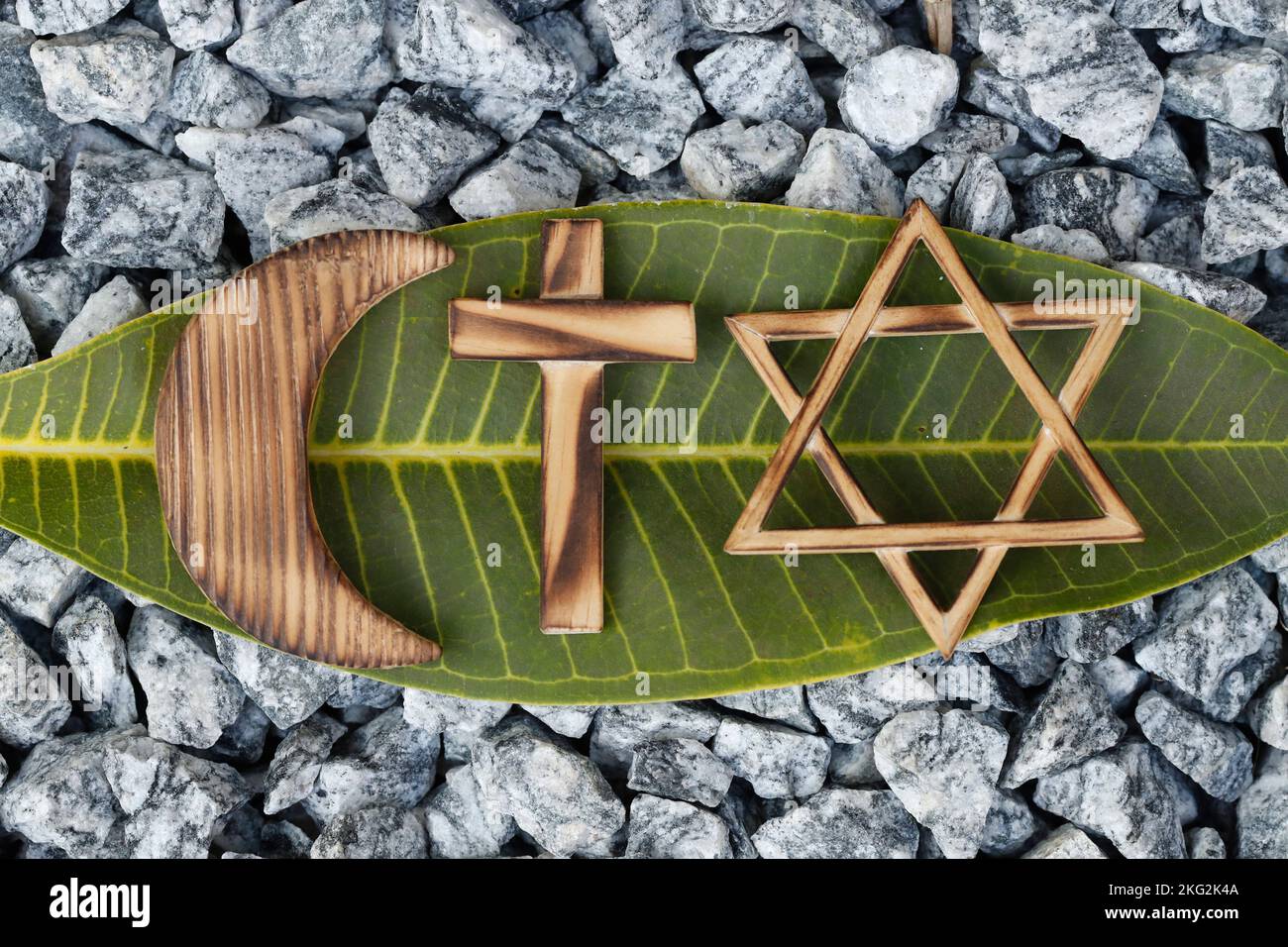 Religious symbols on a green leaf : Jewish Star of David, Muslim Star ...