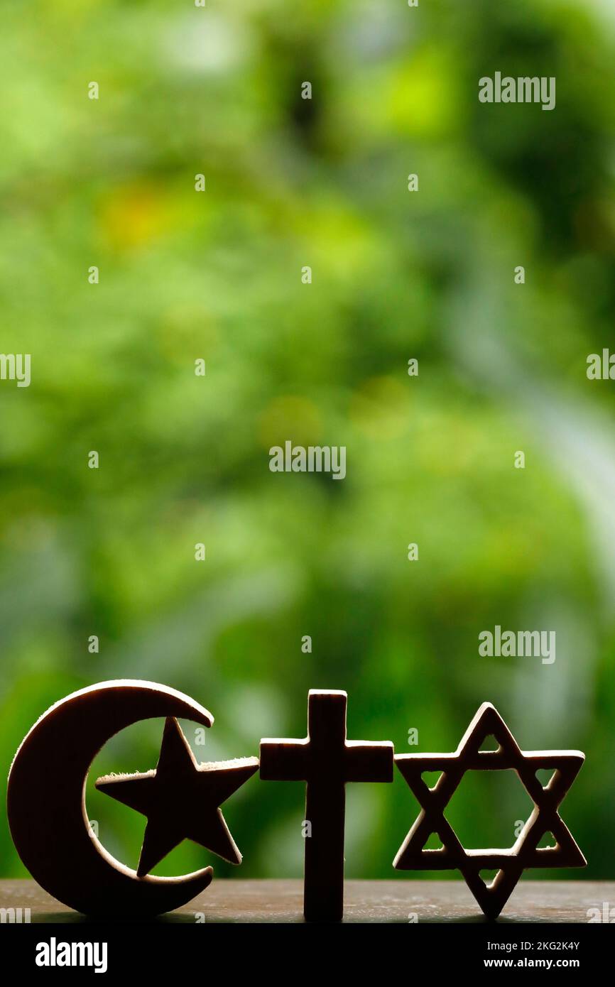 Religious symbols : Jewish Star of David, Muslim Star and Crescent and ...