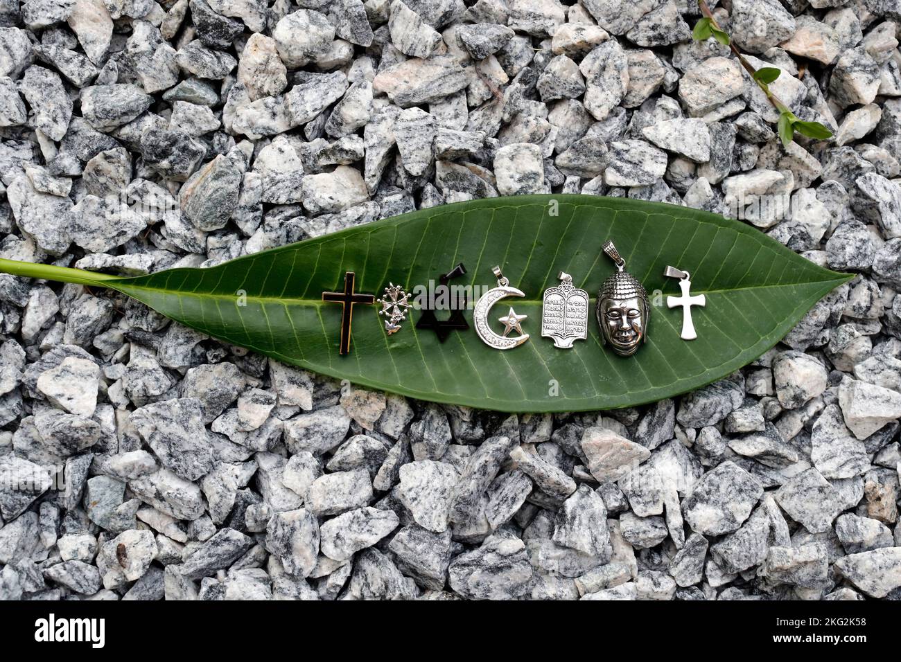 Religious symbols on a green leaf : Catholic, Islam, Judaism, Orthodox ...