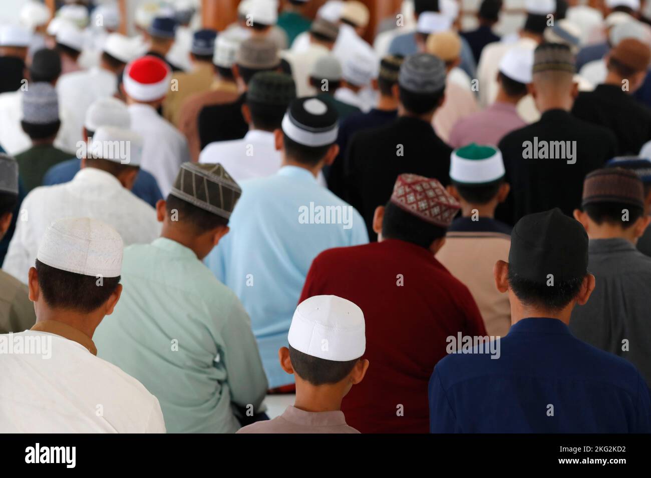 The friday prayer (salat). Muslim men praying in mosque. Chau Doc ...