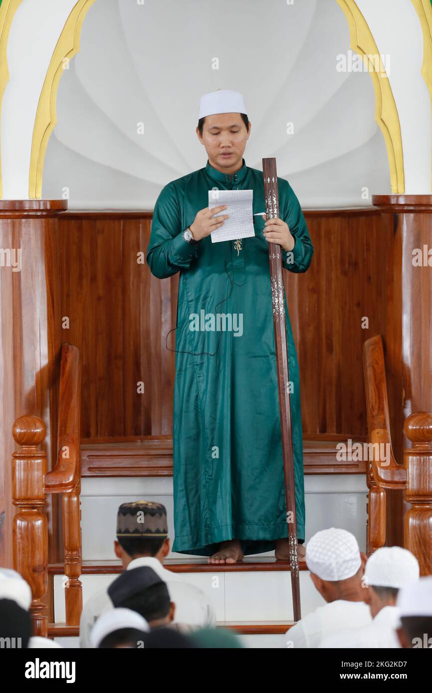 Muslim community at Friday prayer (salat) in mosque. Friday sermon by ...