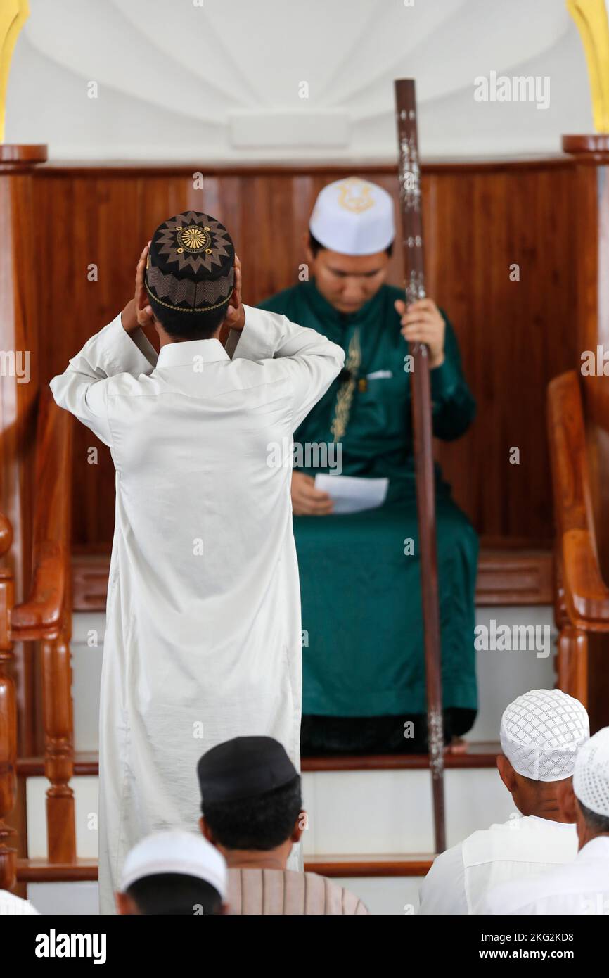 Muslim community at Friday prayer (salat) in mosque. Friday sermon by ...