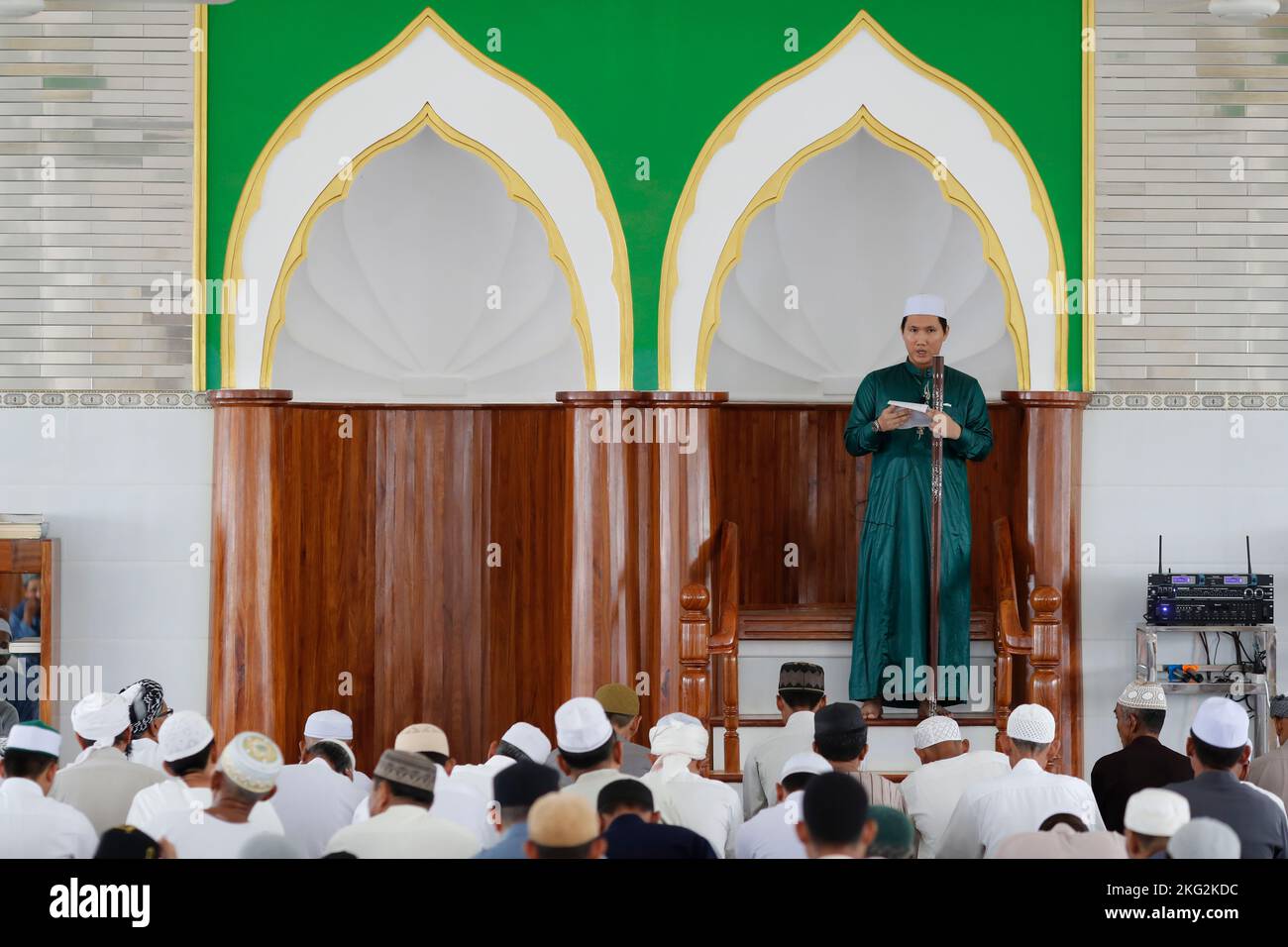 Muslim community at Friday prayer (salat) in mosque. Friday sermon by ...
