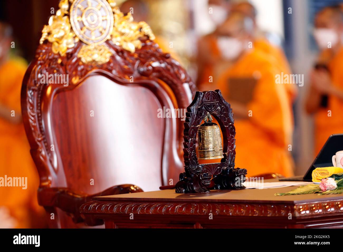 Ba Vang buddhist temple. Bell and chair. Uong Bi. Vietnam Stock Photo ...