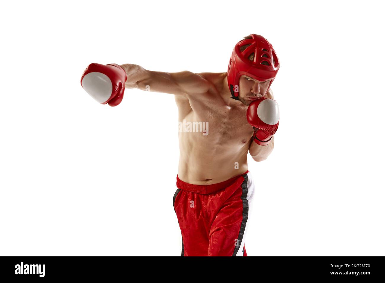 Dynamic portrait of young muscled athlete, professional kickboxer in ...