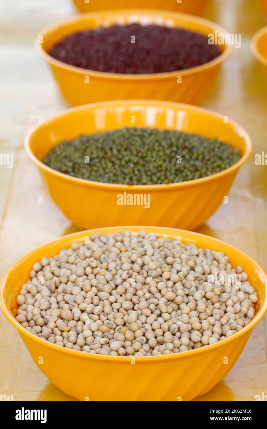 Phuoc Long buddhist temple. Vegetarian food. Bowls of lentils. Tan Chau ...