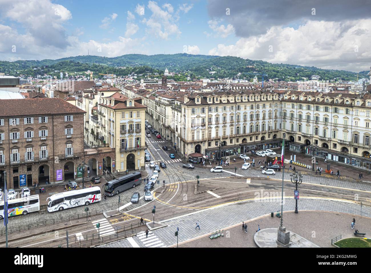 Turin, Italy - 05-06-2022: Aerial view of Castello Square in Turin with ...