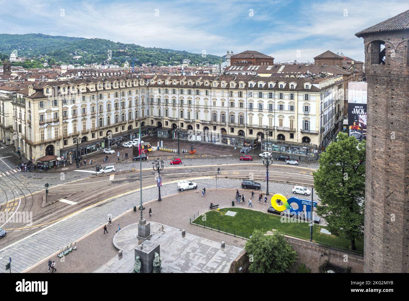 Turin, Italy - 05-06-2022: Aerial view of Castello Square in Turin with ...