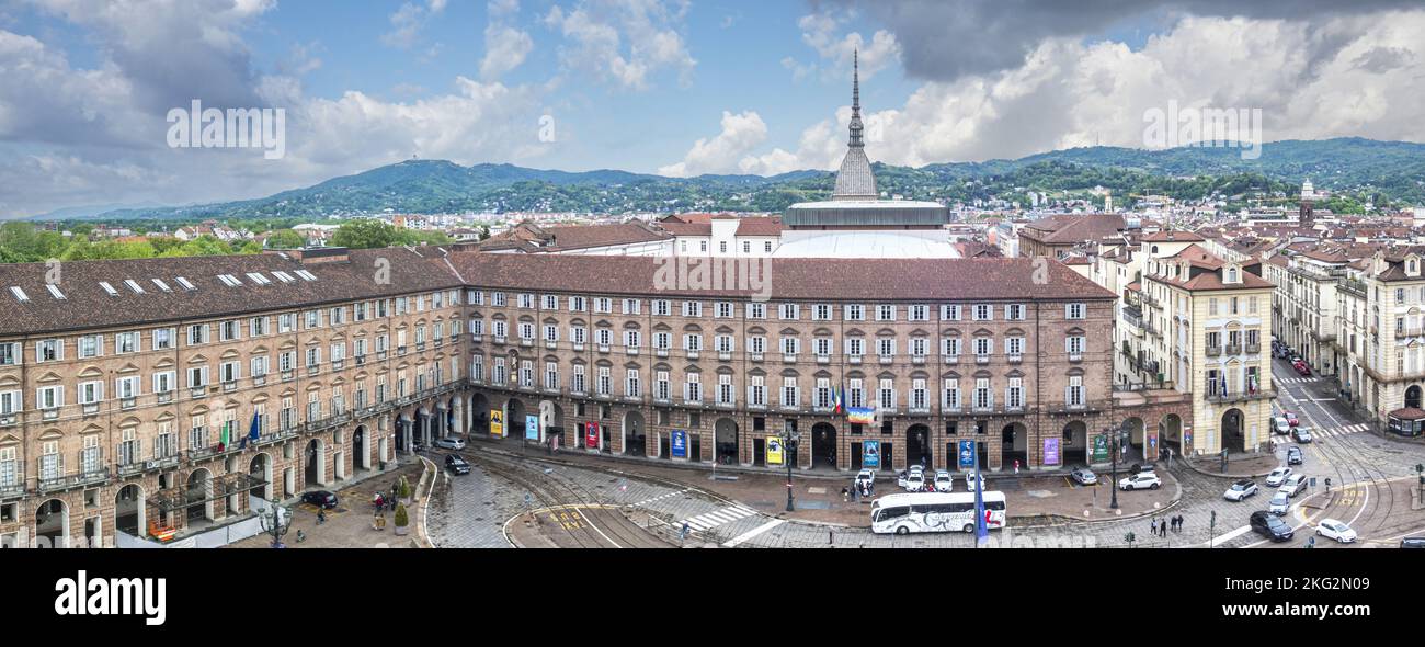 Turin, Italy - 05-06-2022: Extra wide angle Aerial view of Castello ...