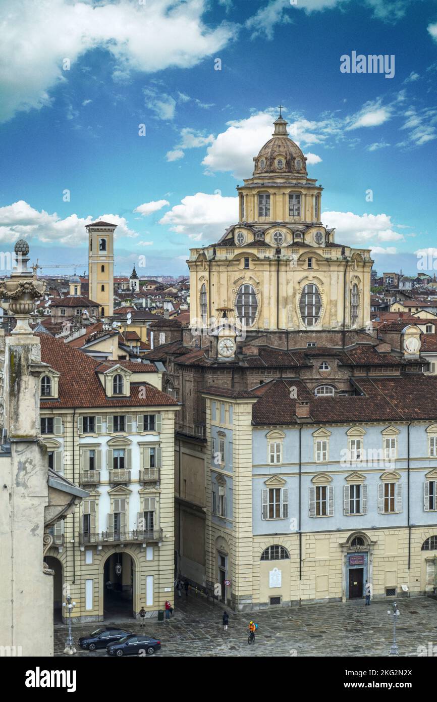 Turin, Italy - 05-06-2022: Extra wide angle Aerial view of Castello ...