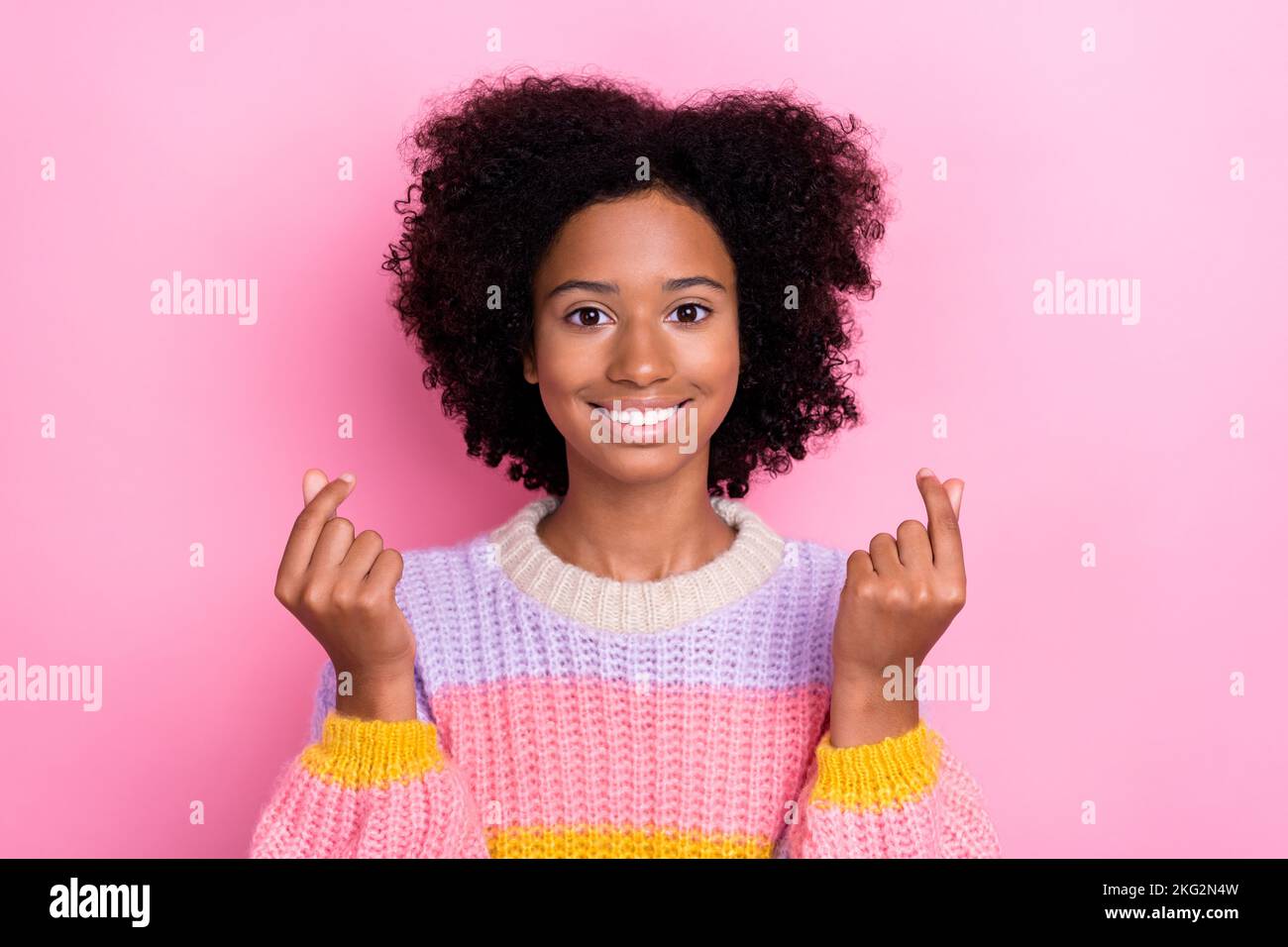 Portrait Of Candid Good Mood Girl With Wavy Hairdo Wear Knit Sweatshirt
