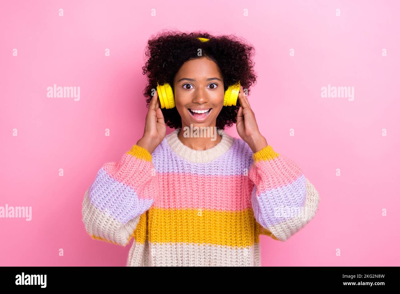 Photo of ecstatic overjoyed girl with perming coiffure dressed knit ...