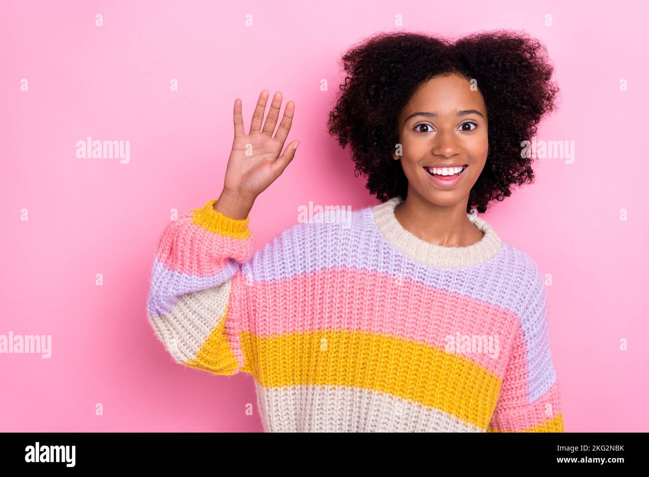 Portrait photo of young funny cute girl nice chevelure high five hello ...