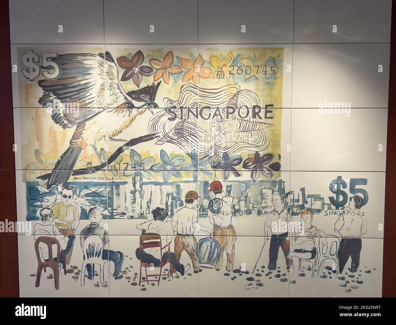 Five dollar note design illustrated on the wall at Shenton Way train ...