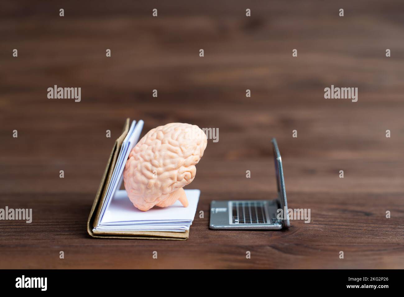 Human brain figurine placed on a wooden table with an open book on a ...