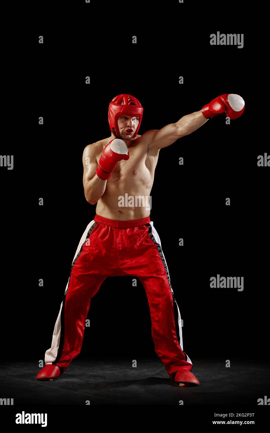 Studio shot of male kickboxer, mma fighter in motion and action ...