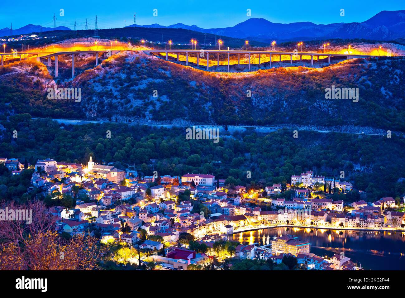 Town of Bakar and highway viaduct evening view, Kvarner bay area ...