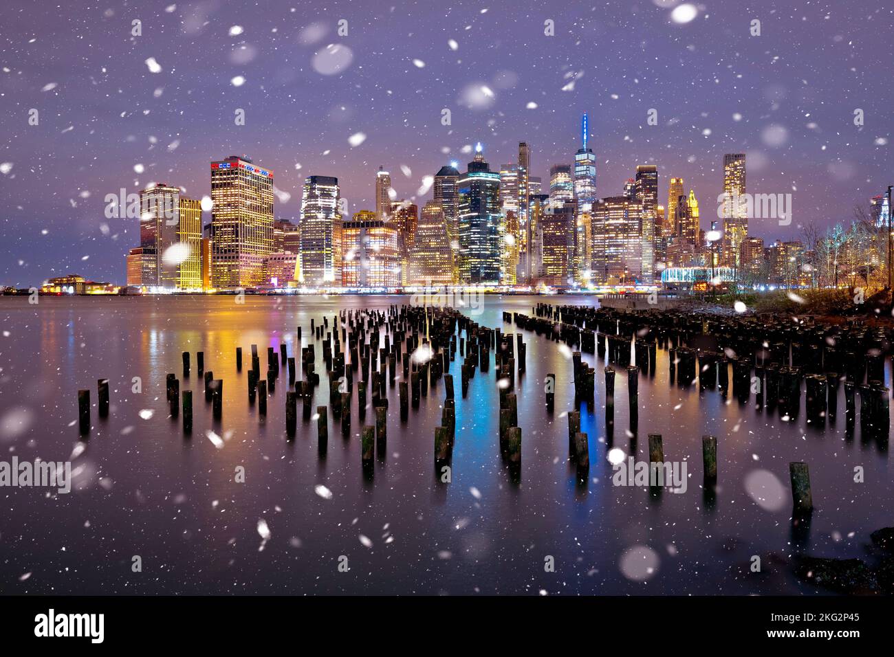 New York City downtown waterfront evening snow view, famous skyline ...