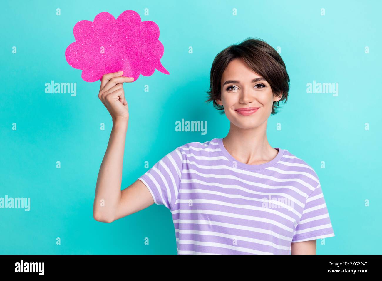 Portrait of good mood pretty girl with bob hairdo wear striped t-shirt ...