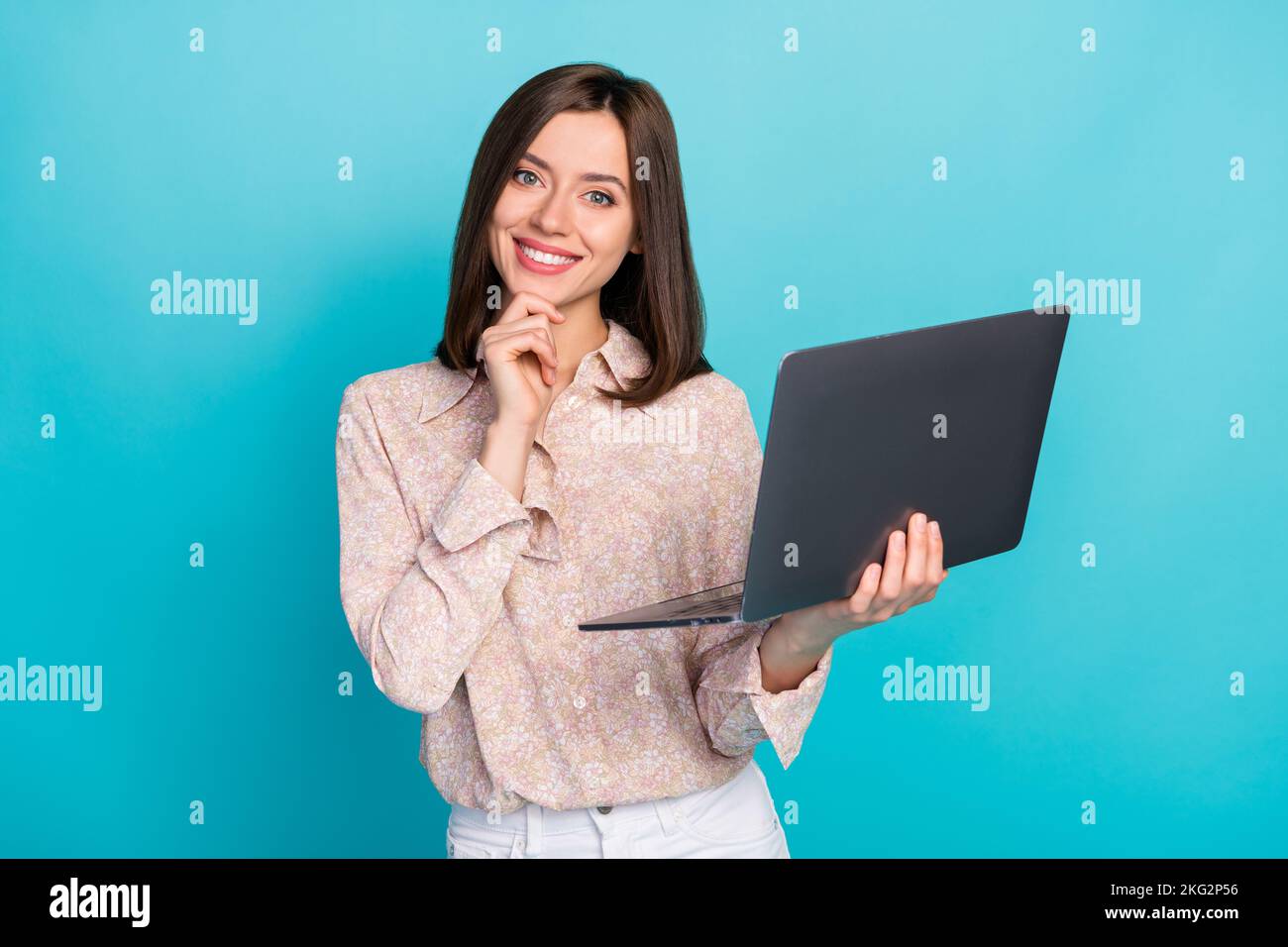 Photo of adorable positive lady office worker stylish blouse satisfied ...