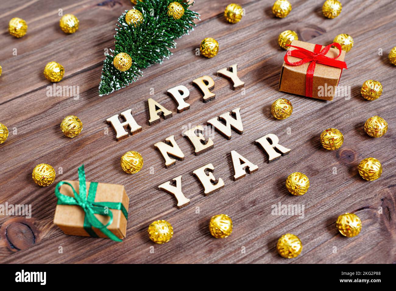 Happy New Year lettering on a decorated Christmas background Stock ...
