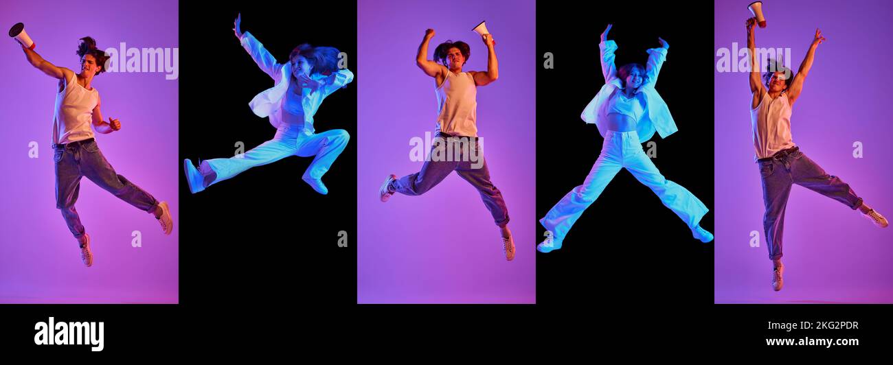 Collage. Portraits of young emotive boy and girl, students jumping in ...