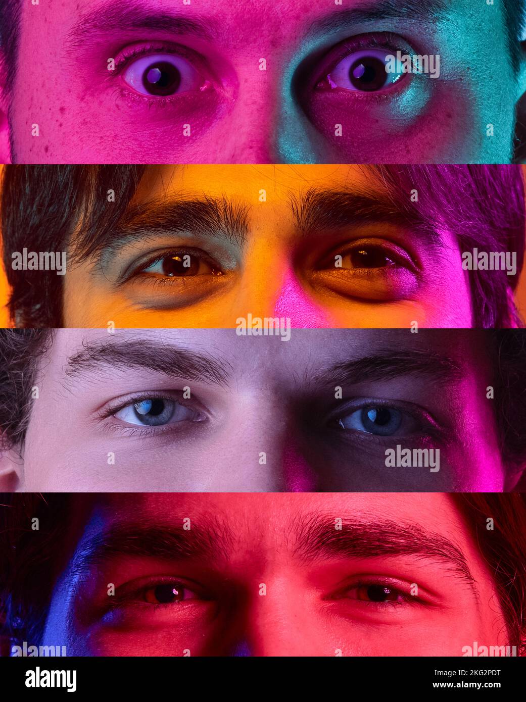 Collage. Horizontal images of human eyes, men of different ages posing ...